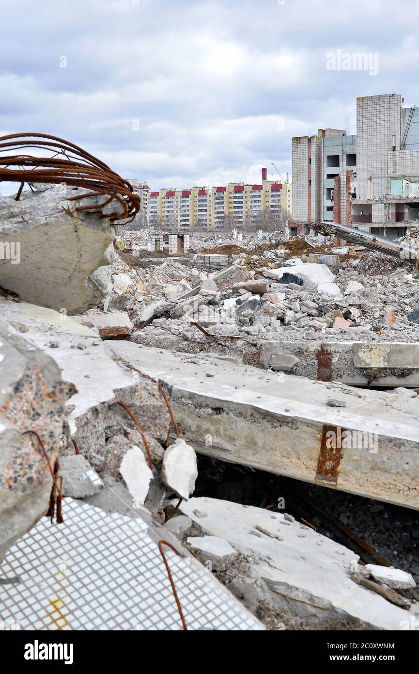 Pieces of Metal and Stone are Crumbling from Demolished Building Floors ...