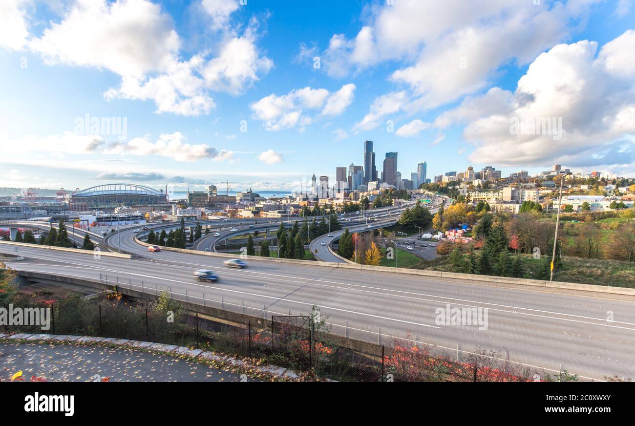 traffic on road and cityscape and skyline of seattle Stock Photo - Alamy