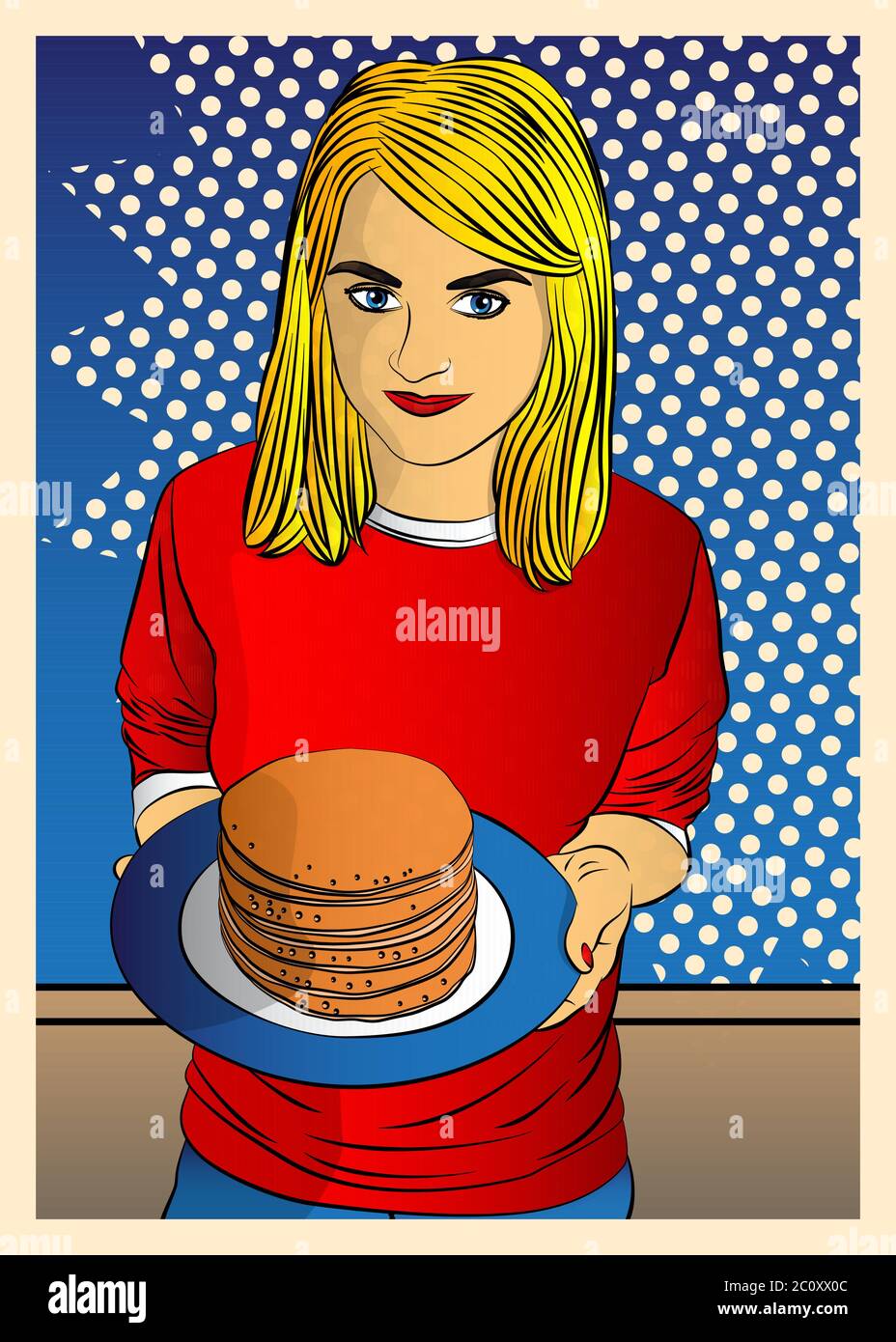 Beautiful woman holding a plate of pancakes - comic book style, cartoon ...