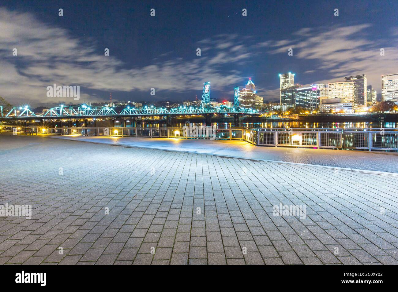 empty brick floor with cityscape and skyline of portland at night Stock ...