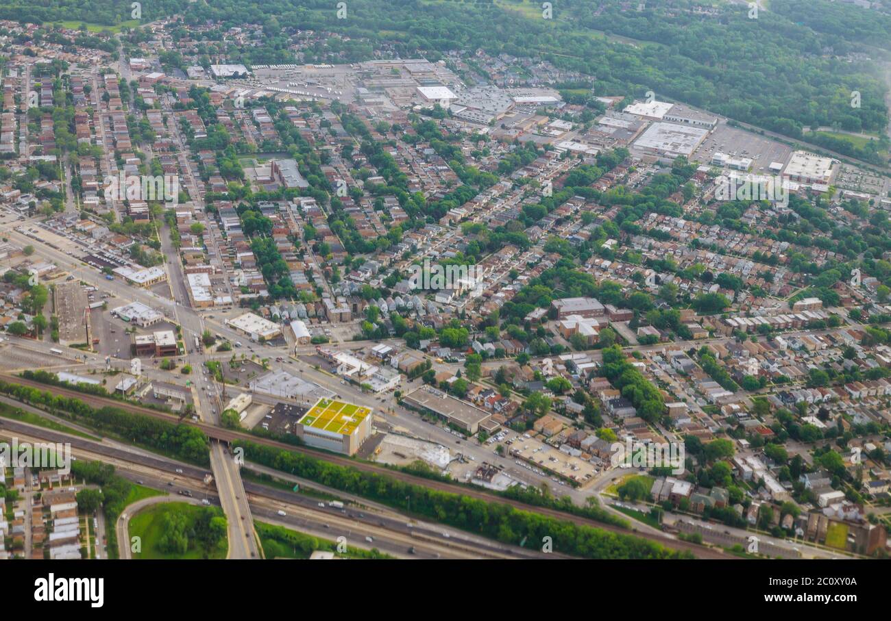 Aerial view of small town houses on road at landscape from above of the ...
