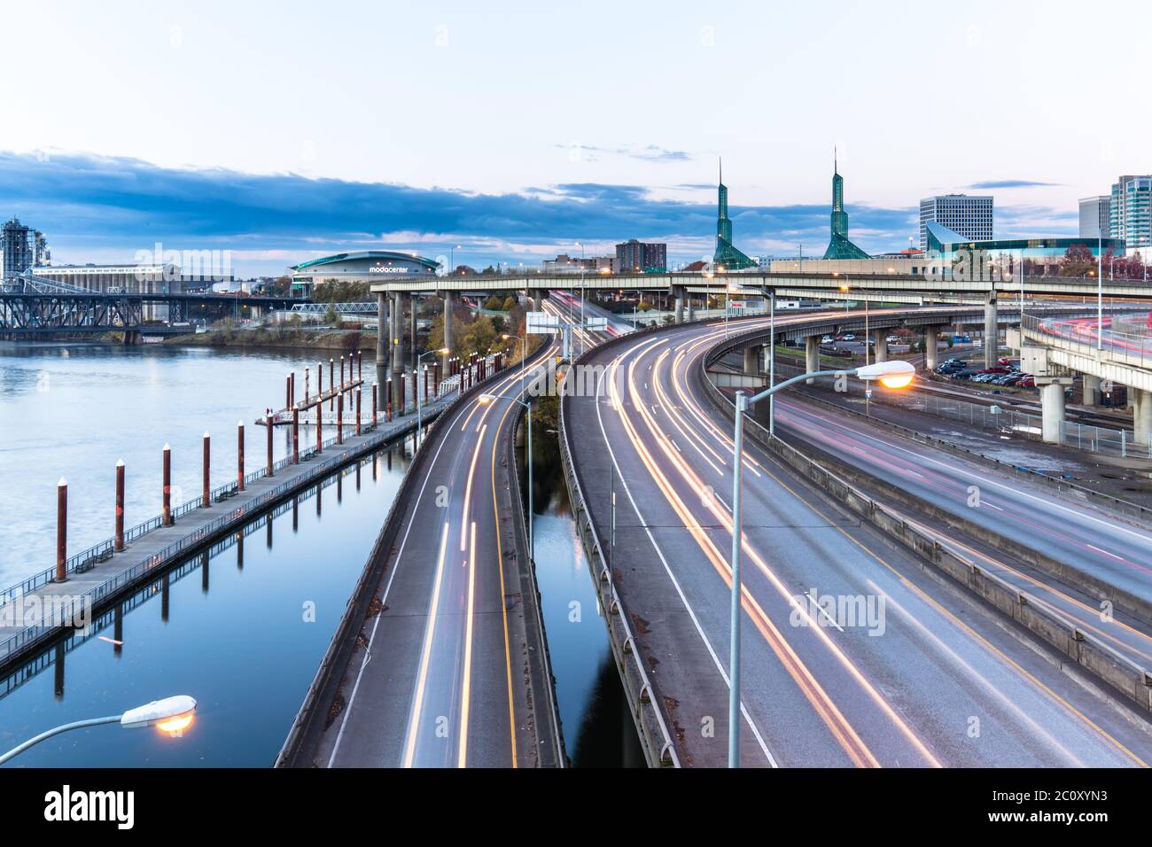traffic on road with cityscape and skyline of portland Stock Photo - Alamy