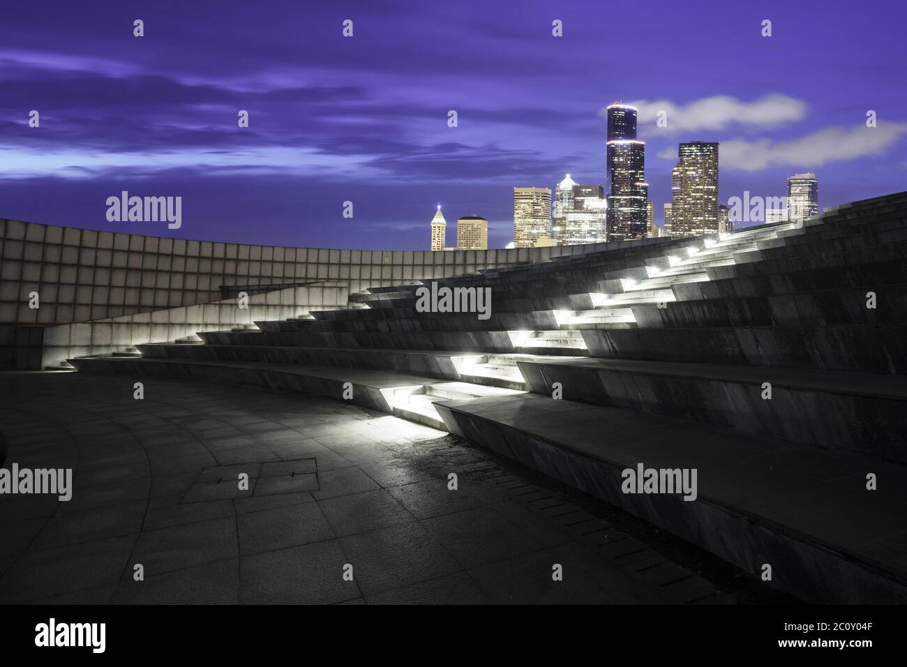 cityscape and skyline of seattle from empty city square at night Stock ...