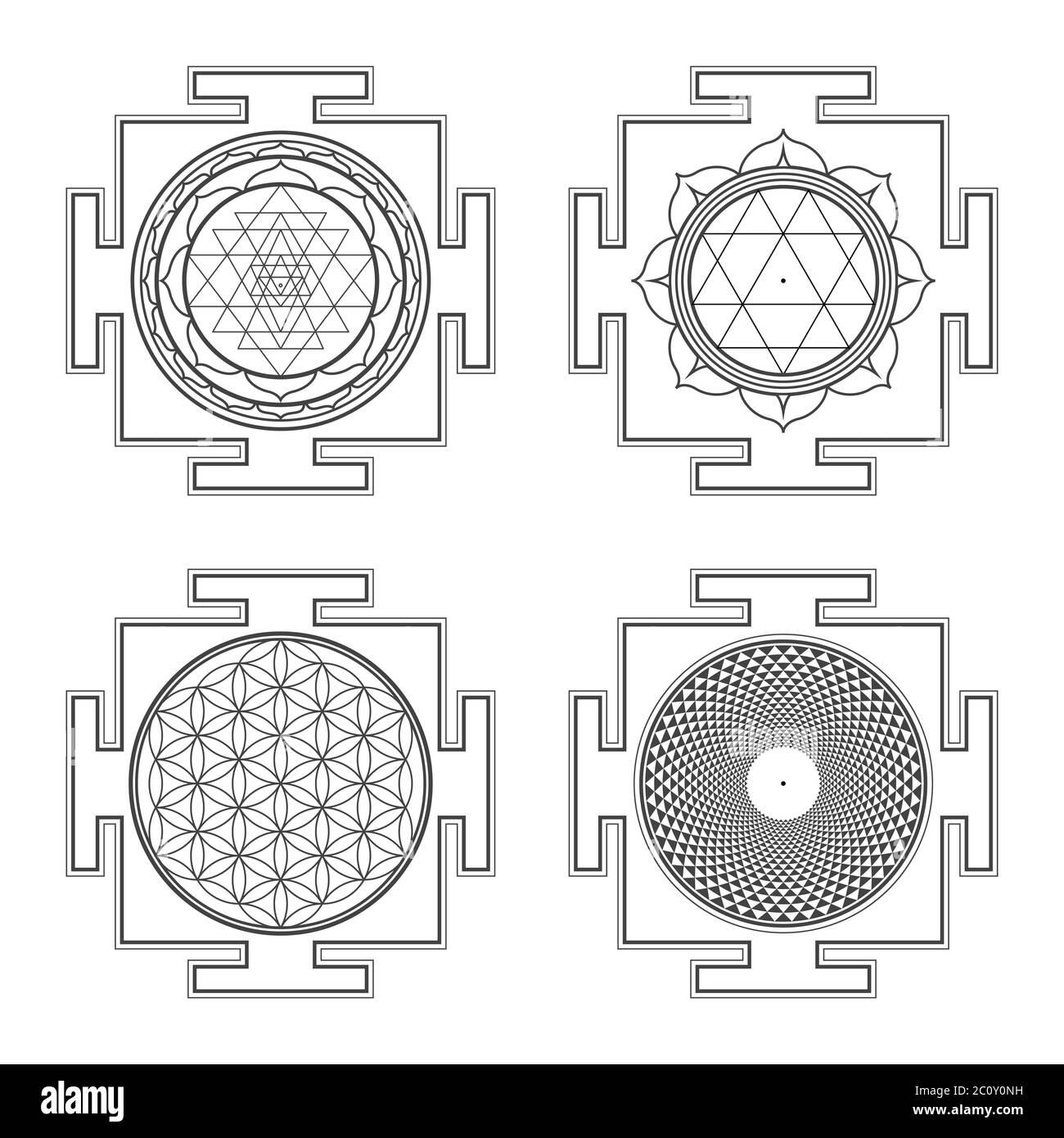 monocrome outline hindu yantra illustrations set Stock Photo - Alamy