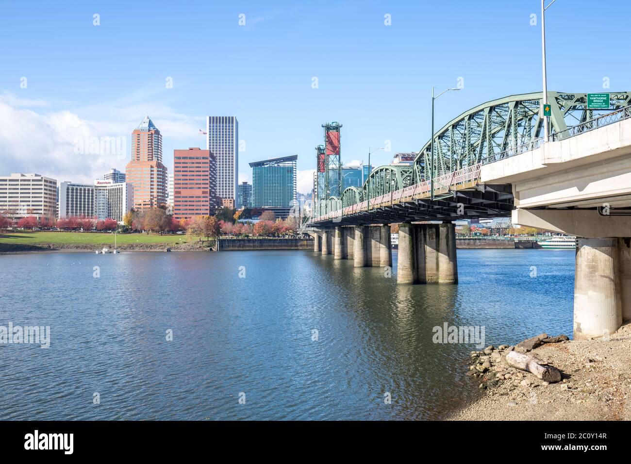 steel bridge over water with cityscape and skyline in portland Stock ...