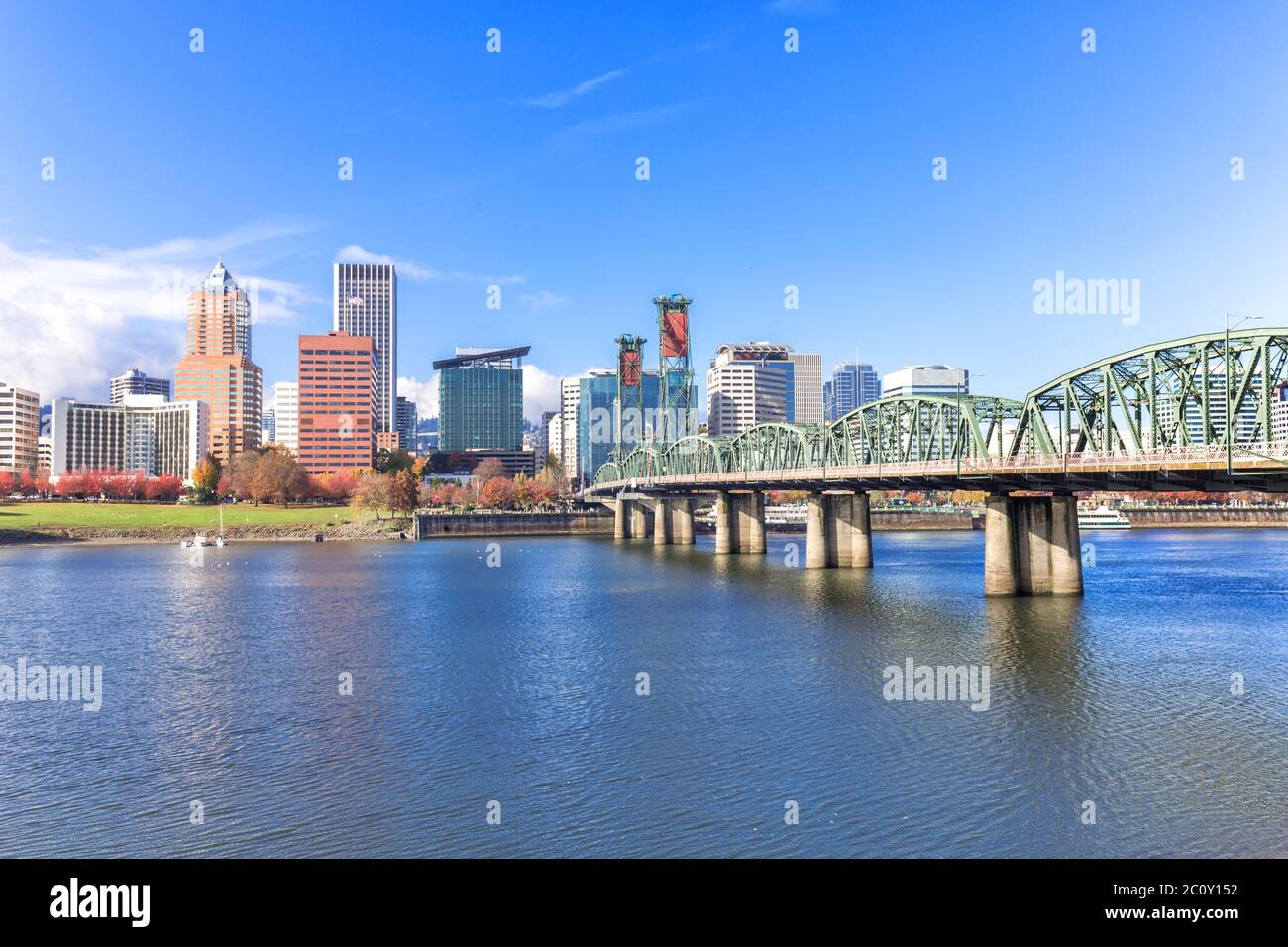 steel bridge over water with cityscape and skyline in portland Stock ...