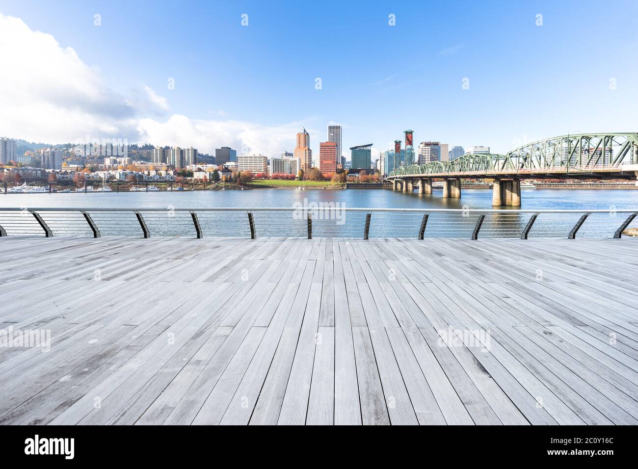empty wood floor with cityscape and skyline in portland Stock Photo - Alamy