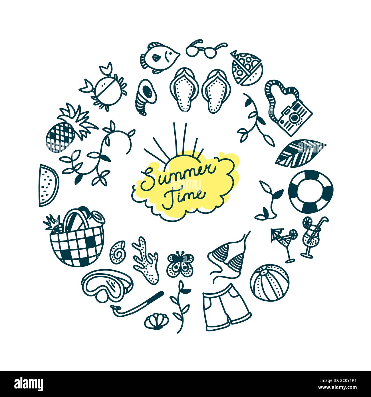 Summer time doodle set in round print. Water sports, relax and tropical ...