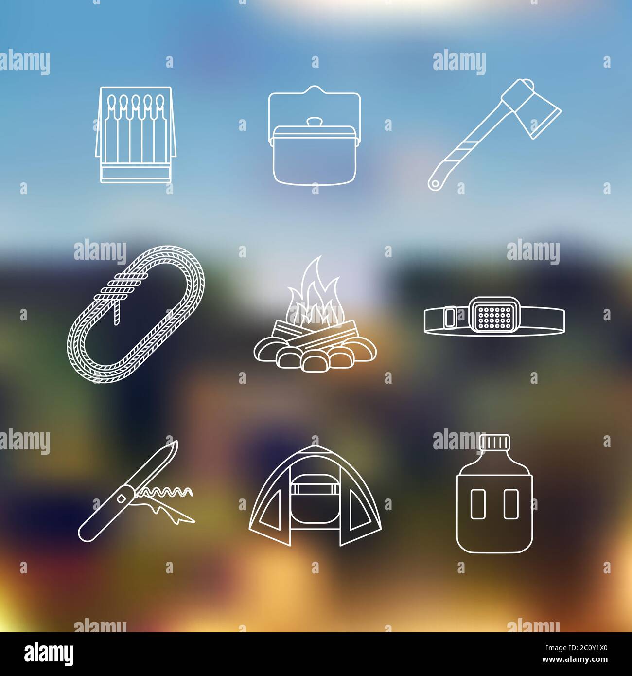 white color outline various camping icon set Stock Photo - Alamy
