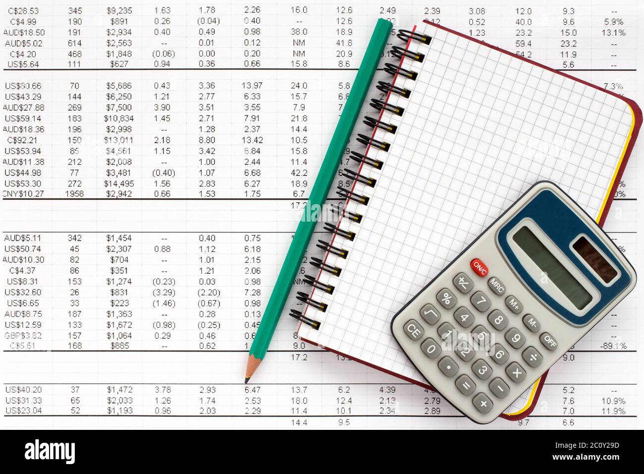 Notebook,pencil and calculator on financial statement Stock Photo - Alamy