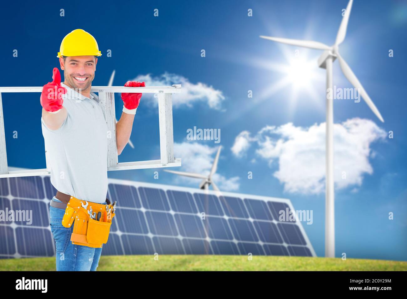 Composite image of smiling handyman carrying ladder while gesturing ...