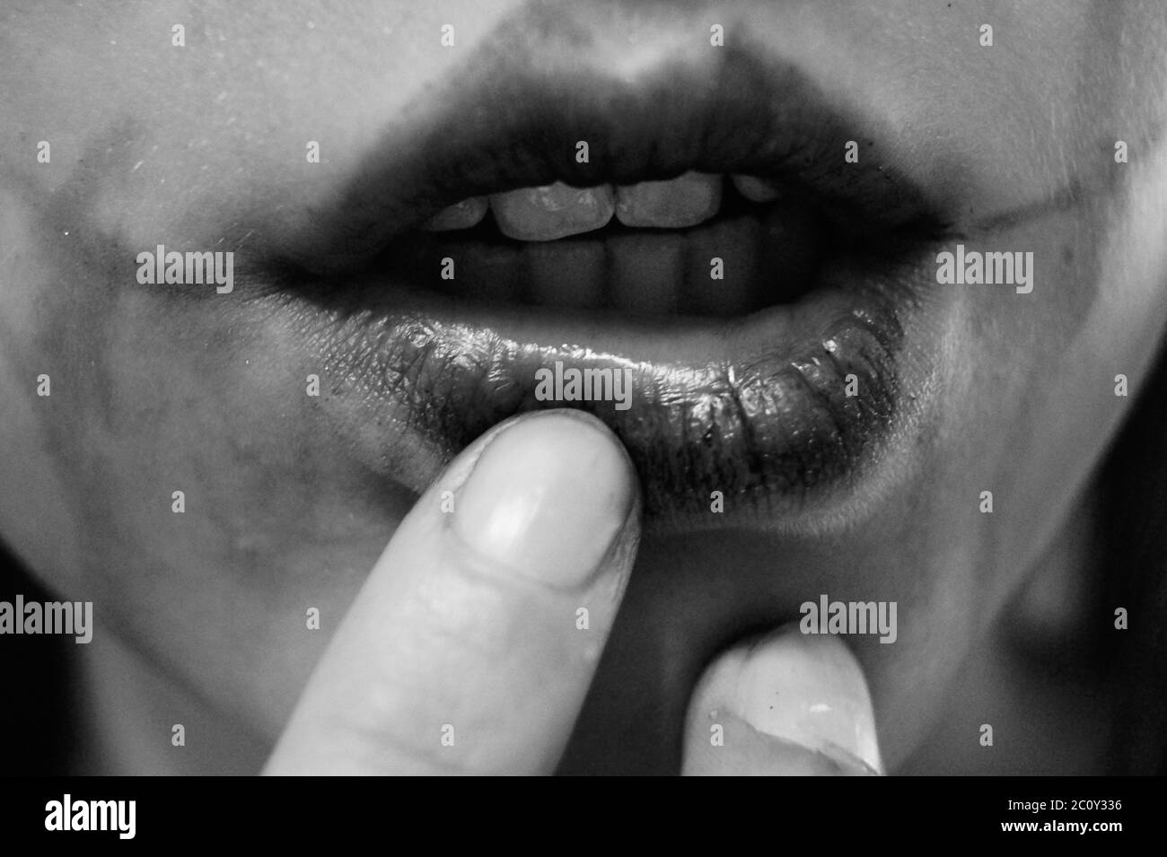 A close up of mouth, black and white soul sad makeup halloween psycho ...