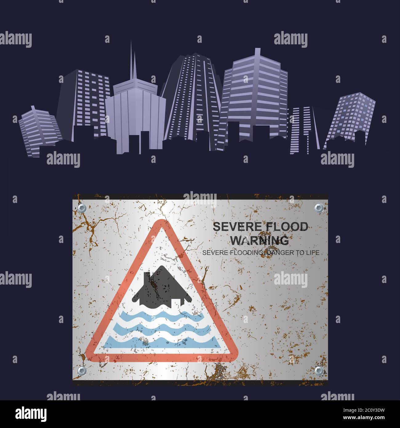 Corroded rusty metal severe flood warning danger to life sign on ...