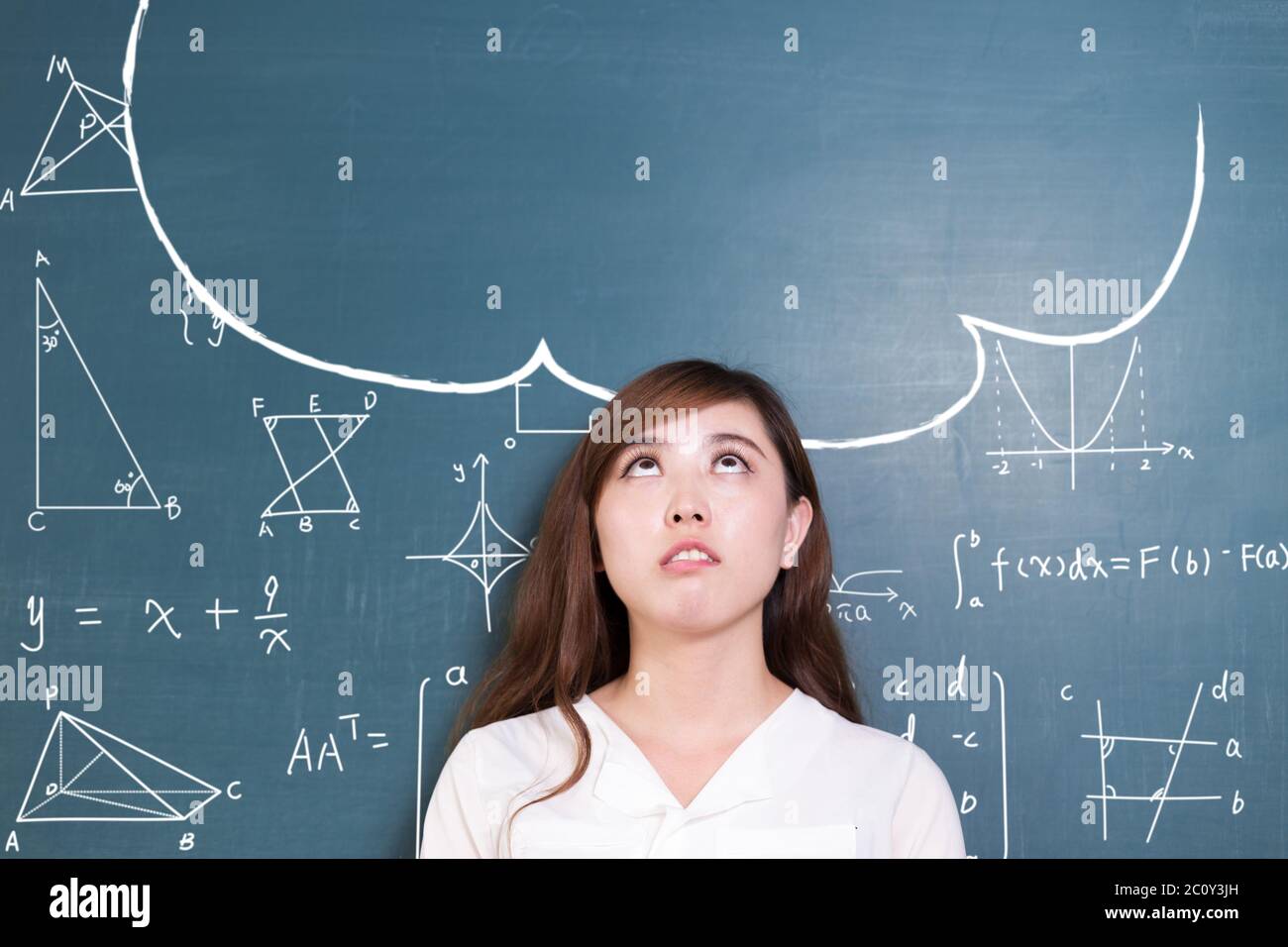 beautiful asian girl teacher and green blackboard with cloud and math ...