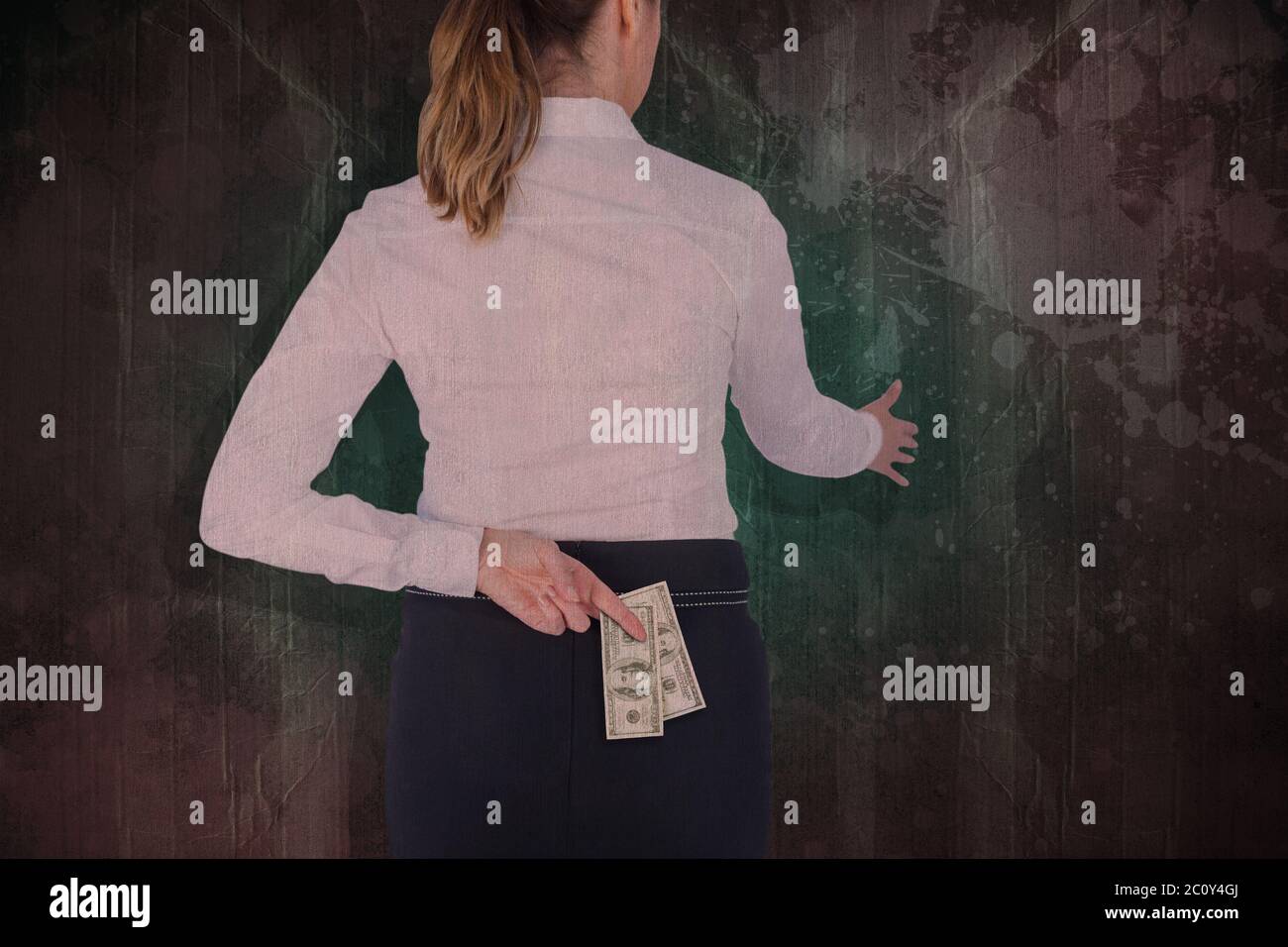 Composite image of businesswoman offering handshake with fingers ...