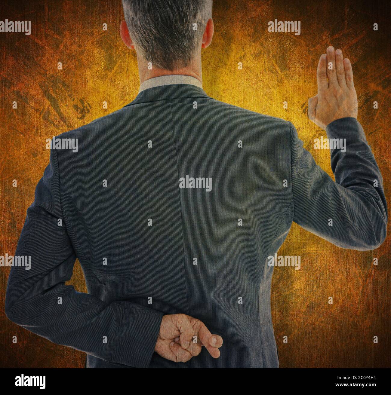 Composite image of rear view of businessman taking oath with fingers ...