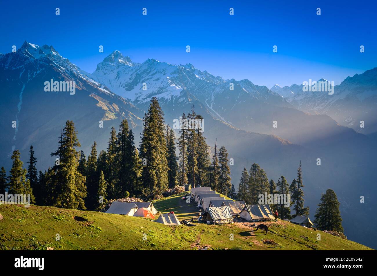 Camping site on the beautiful landscape of Himalayan mountains, on the ...