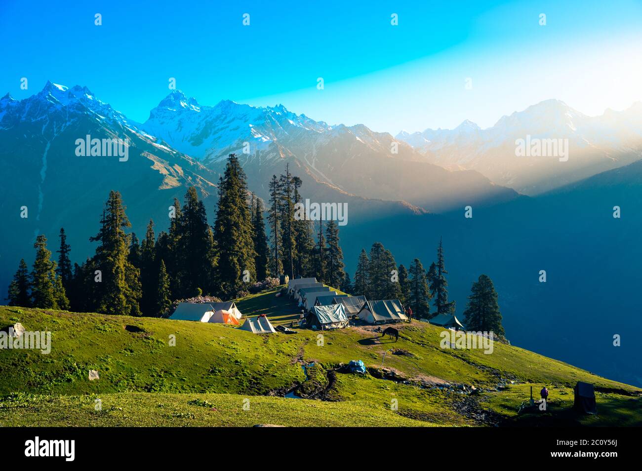 Camping site on the beautiful landscape of Himalayan mountains, on the ...