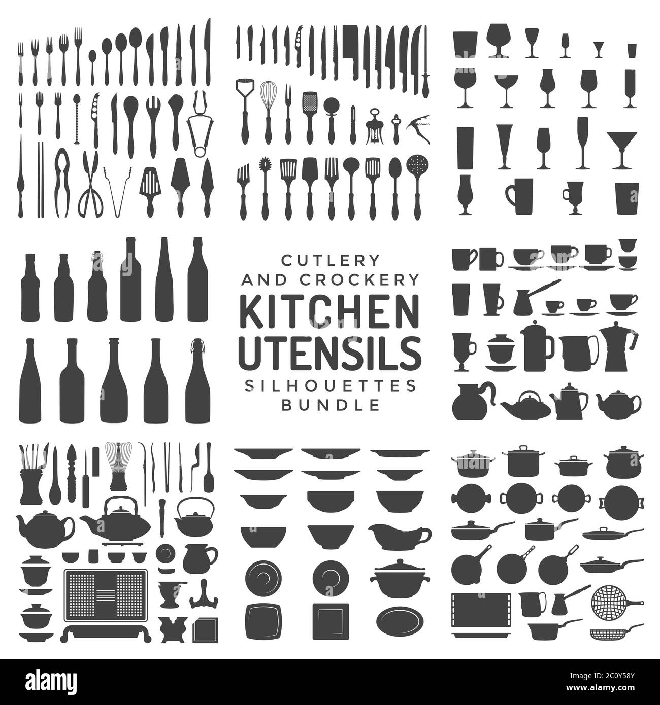 kitchen utensils silhouettes bundle Stock Photo - Alamy