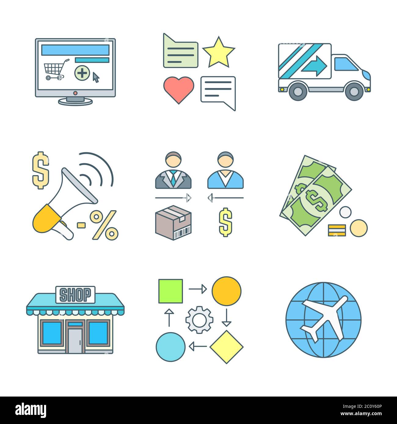 various colored outline business distribution marketing process icons ...