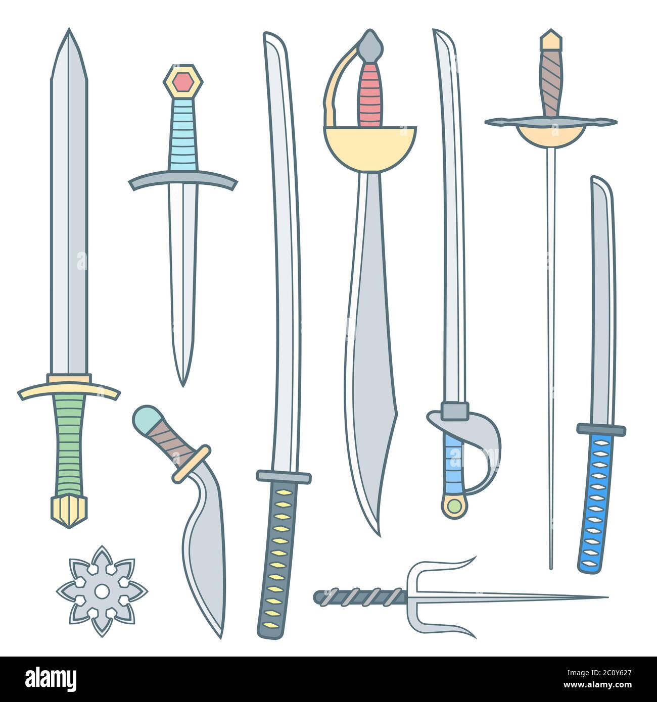 vector cold weapons colored outline set Stock Photo - Alamy