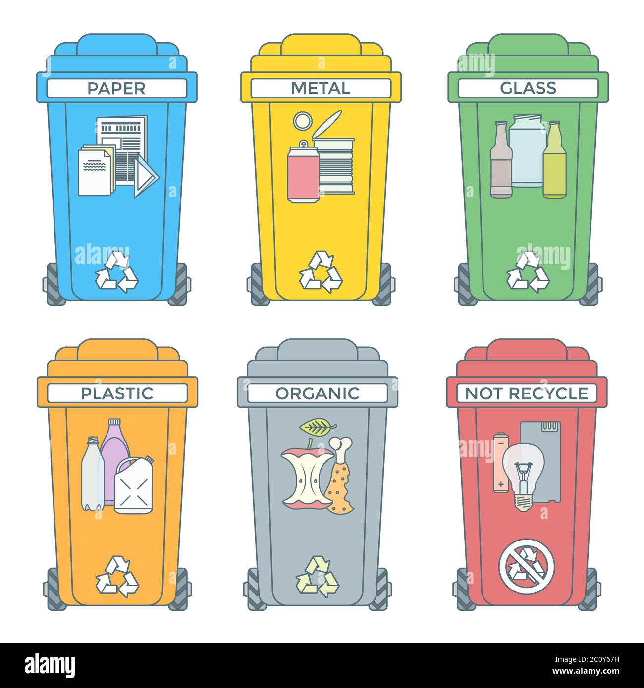 colored outline separated garbage bins icons labels Stock Photo - Alamy