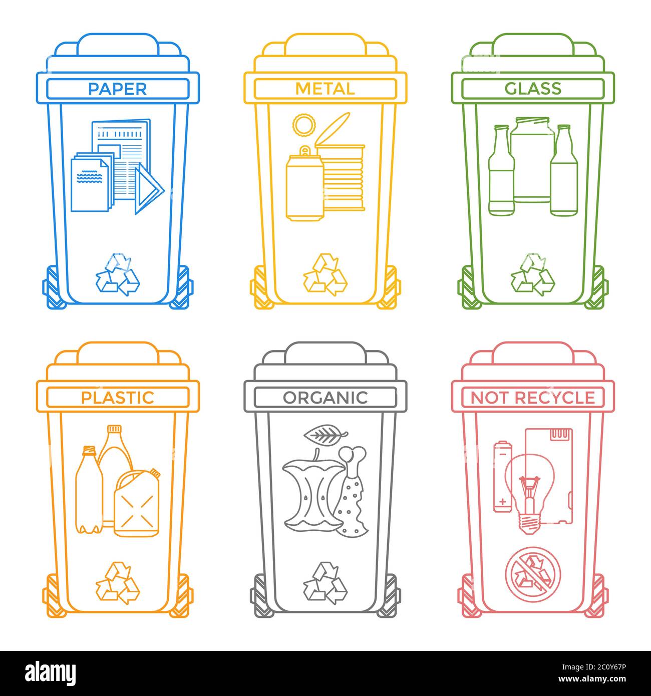 various colors outline separated garbage bins icons labels Stock Photo ...