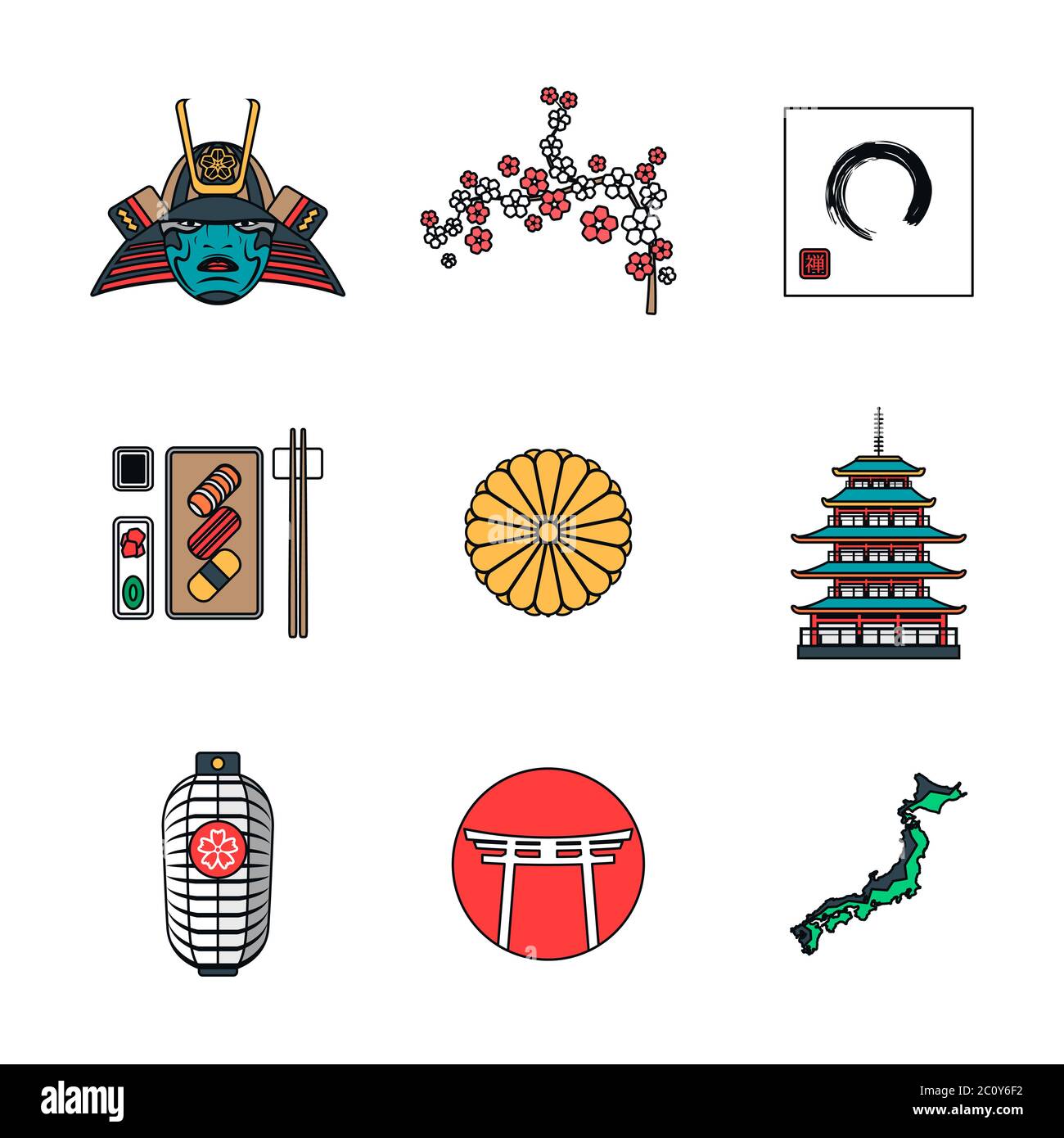 colored outline various japanese icons set Stock Photo - Alamy