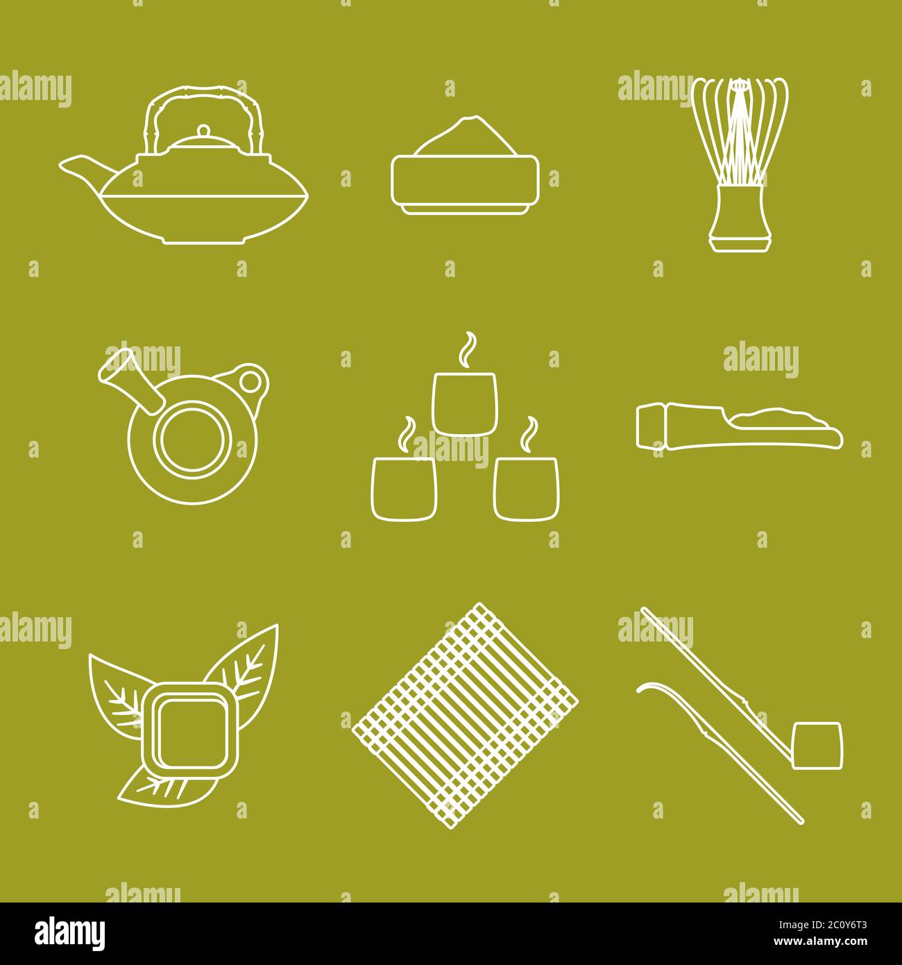 various outline japan tea ceremony equipment icons set Stock Photo - Alamy