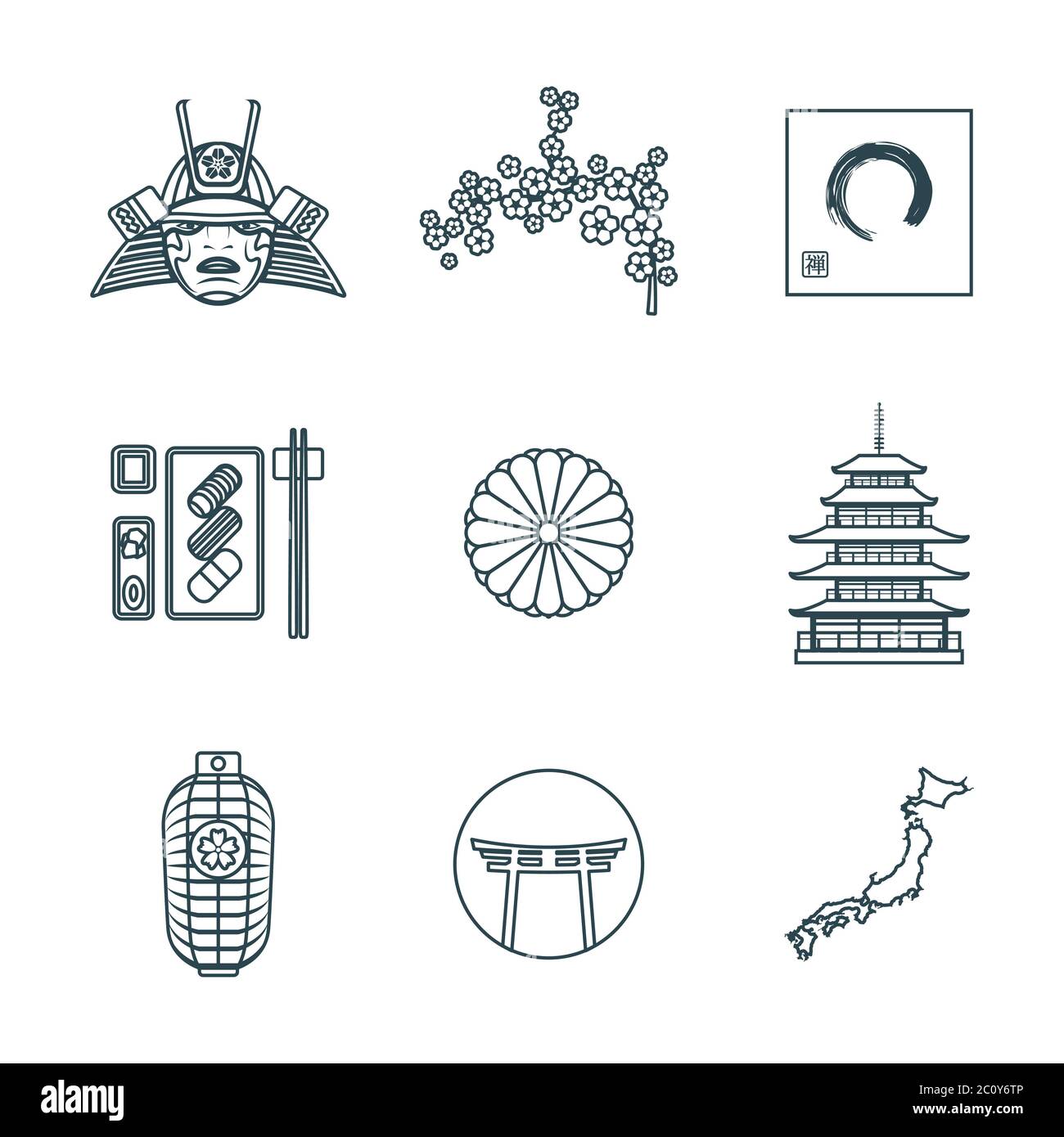 dark color outline various japanese icons set Stock Photo - Alamy