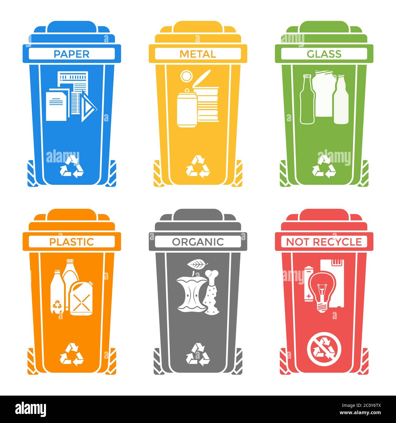 Various Colors Separated Garbage Bins Solid Icons Labels Stock Photo