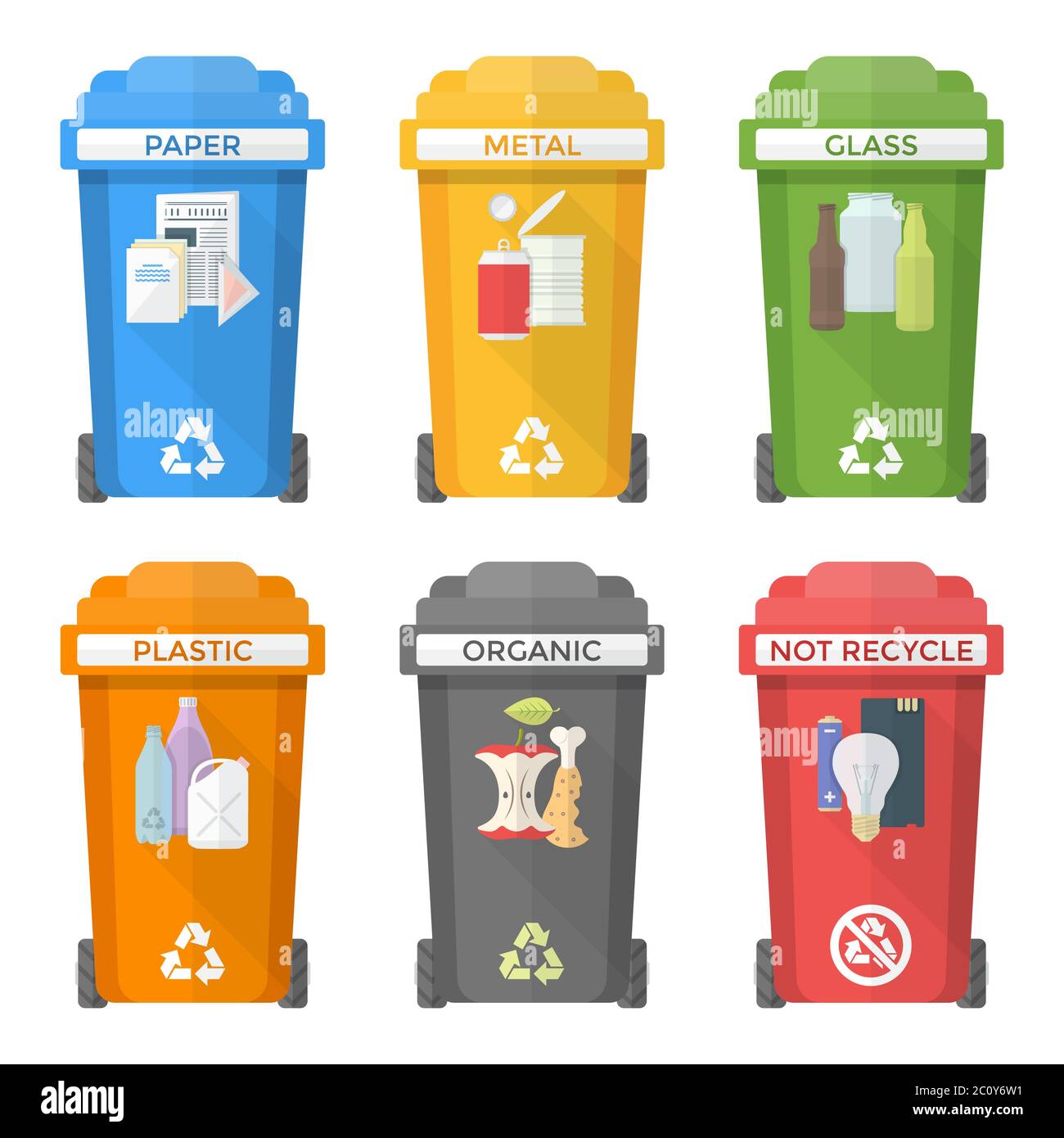 flat style colorful separated garbage bins icons labels Stock Photo - Alamy