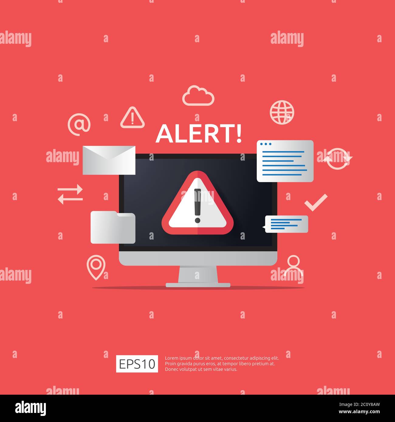 attention warning attacker alert sign with exclamation mark on computer monitor screen. beware ...