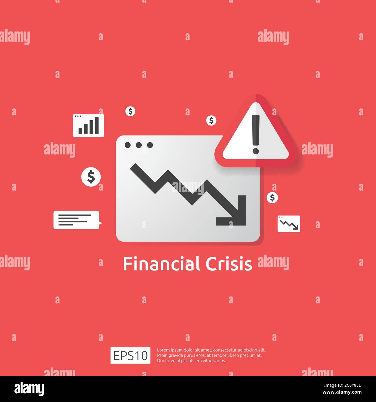 business finance crisis concept with alert exclamation mark. money graph fall down symbol. arrow ...
