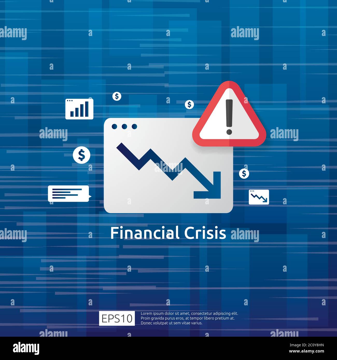 business finance crisis concept with alert exclamation mark. money graph fall down symbol. arrow ...