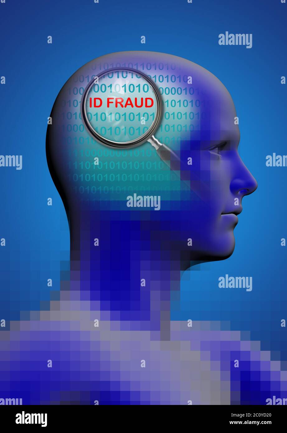 profile of a man with close up of magnifying glass on ID fraud Stock ...
