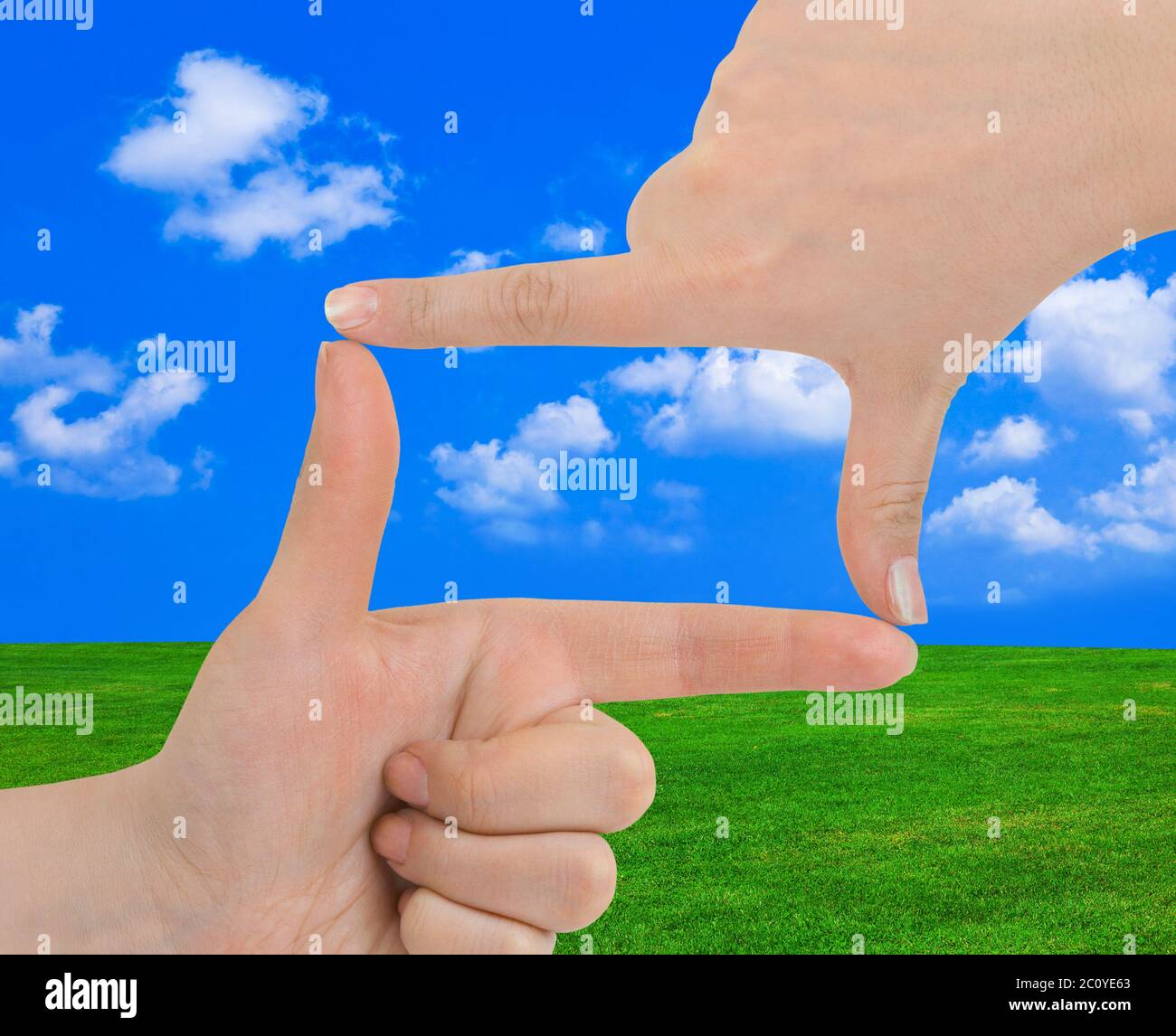 Frame made of hands and nature landscape Stock Photo - Alamy