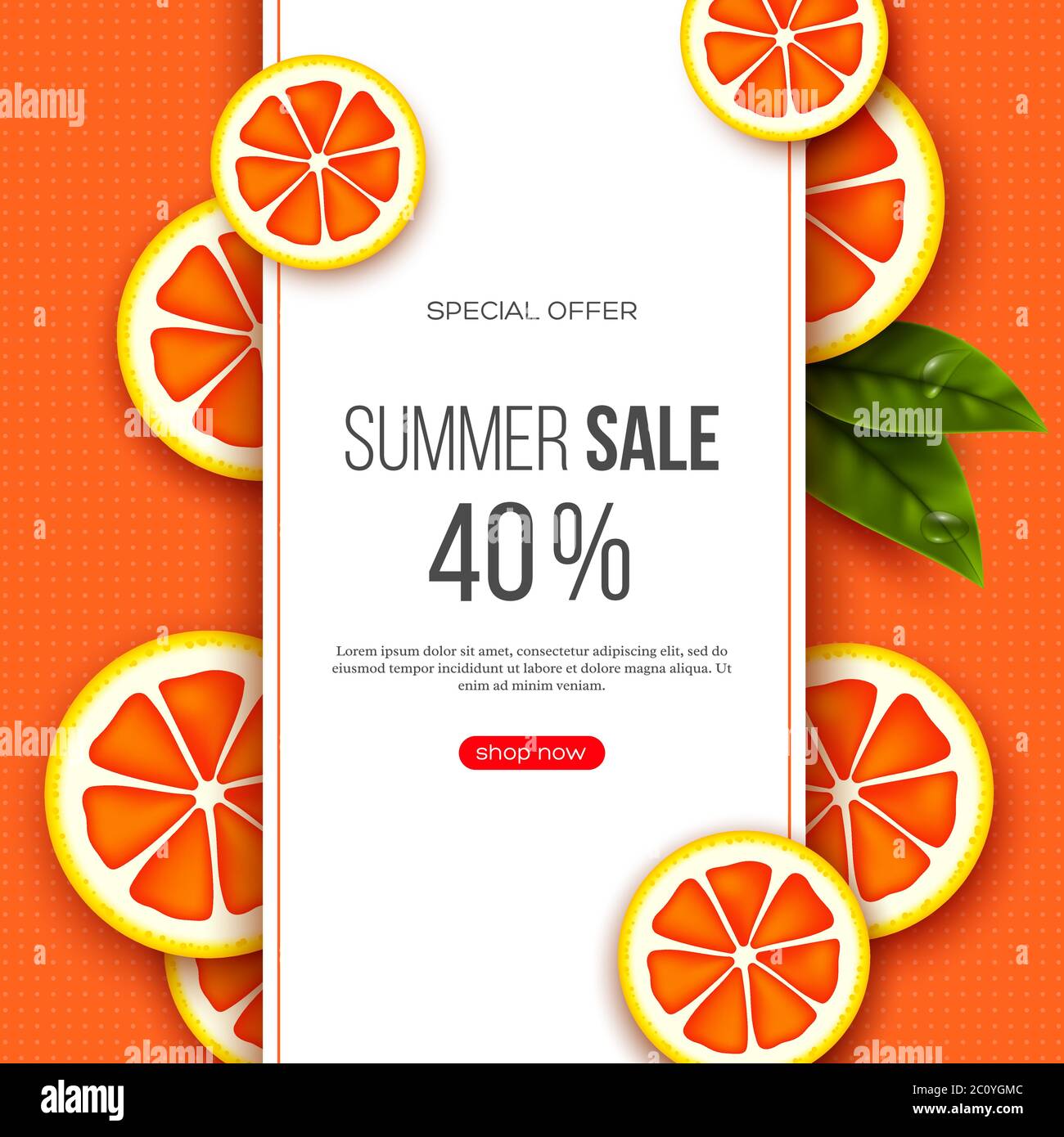 Summer sale banner with sliced grapefruit pieces, leaves and dotted ...