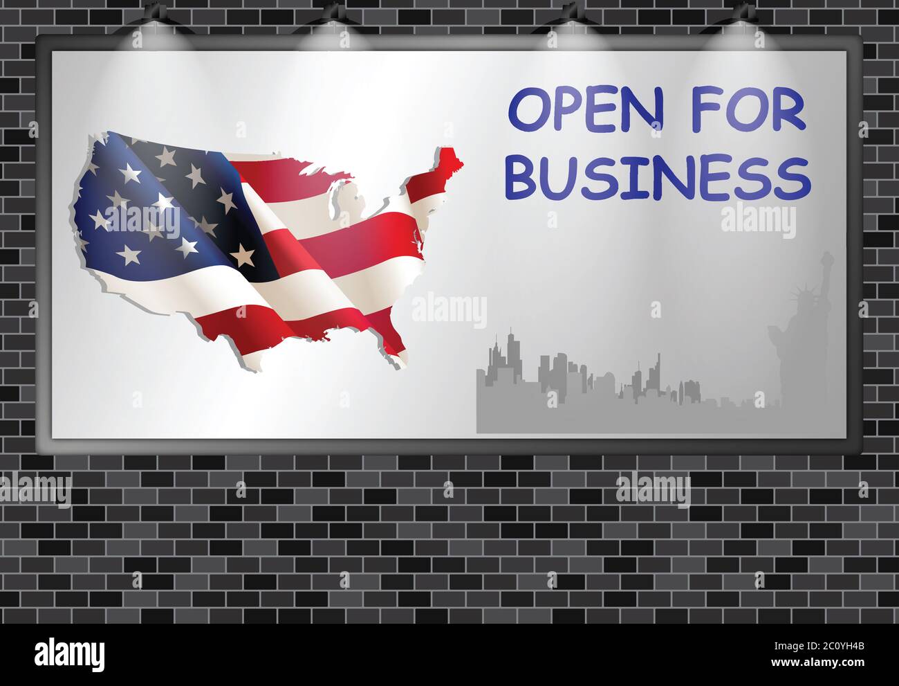 Illuminated billboard advertising the United States of America is open ...