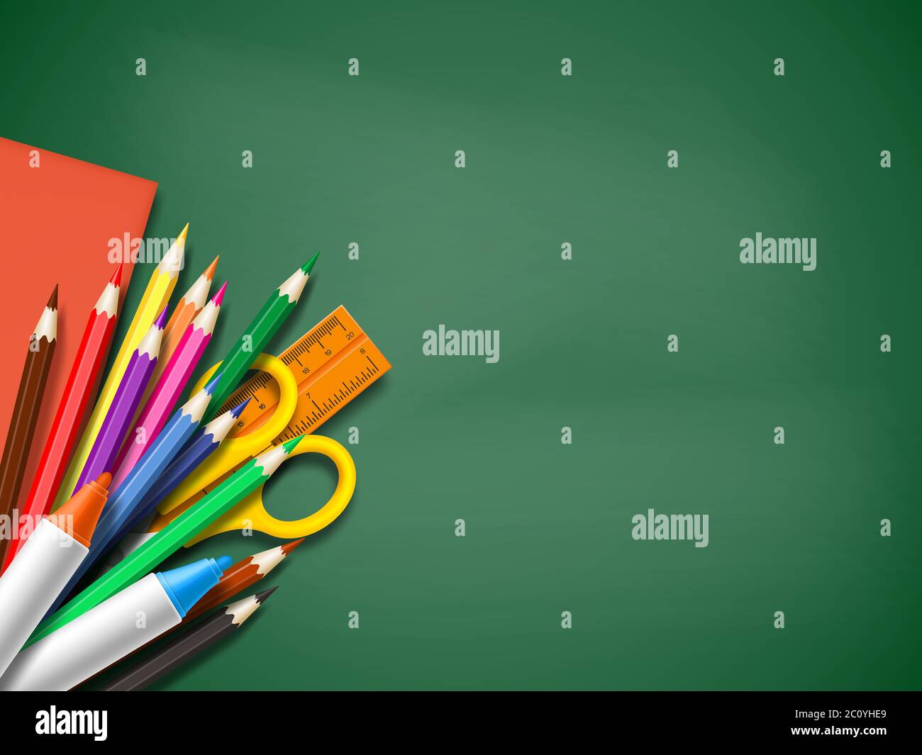 Realistic school supplies on blackboard background Stock Vector Image ...