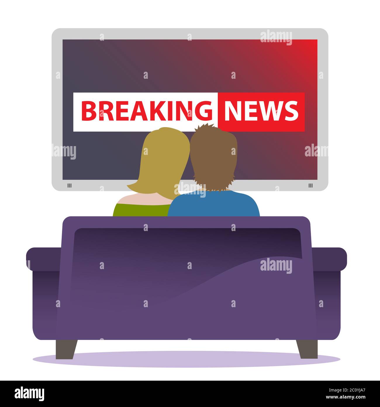 A couple sitting together on a cozy couch watching breaking news on TV ...
