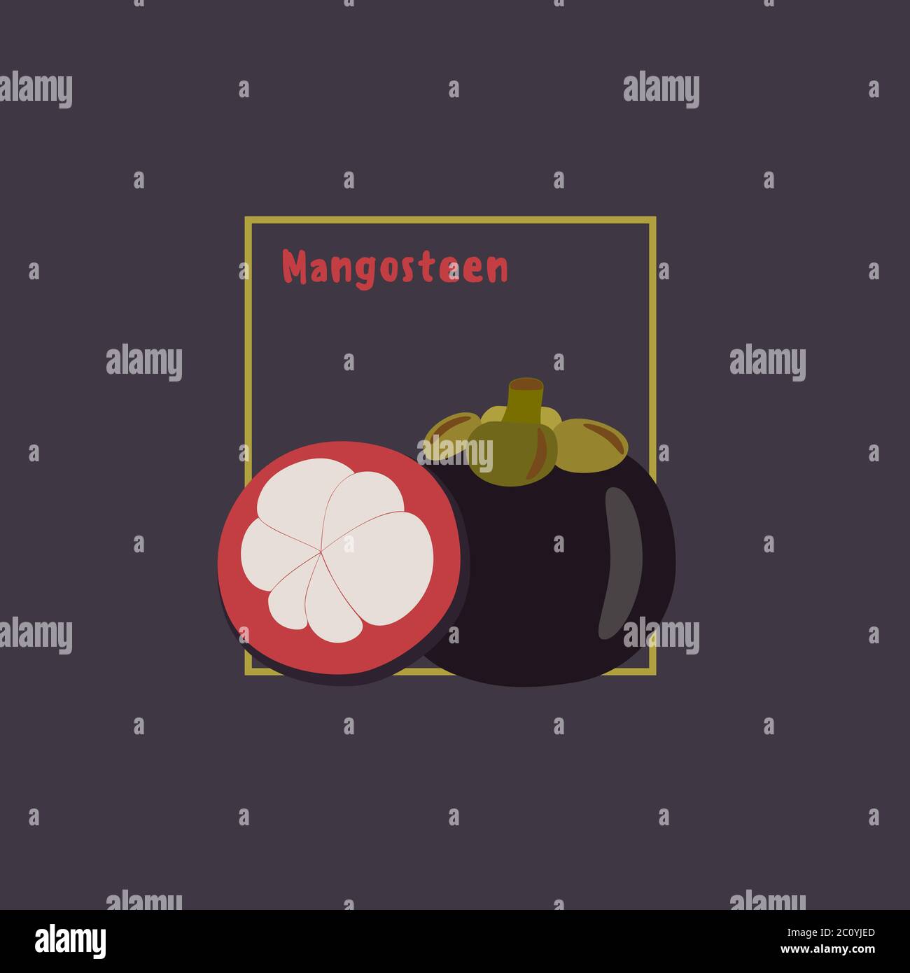Hand drawing mangosteen with slice on dark background. Cartoon icon ...