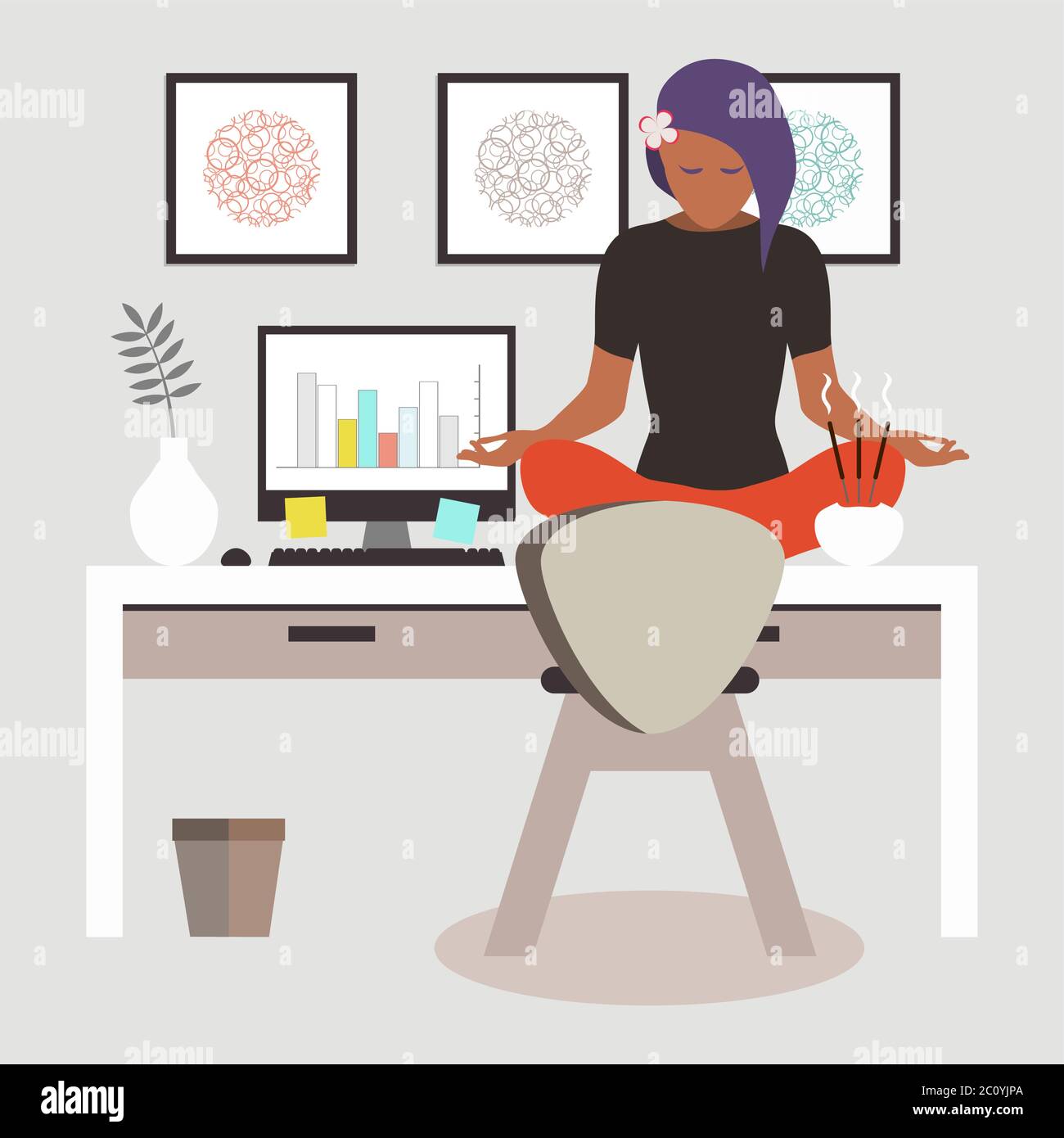 Remember to take regular breaks from work. A female worker practicing ...