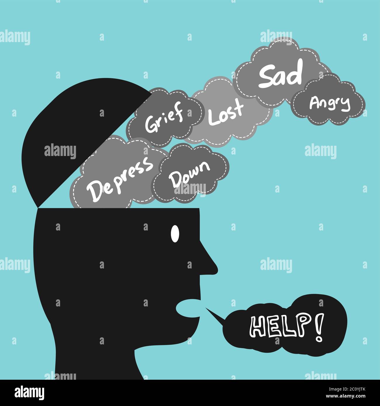 Mental health concept of a suffering cartoon character seeking for help ...