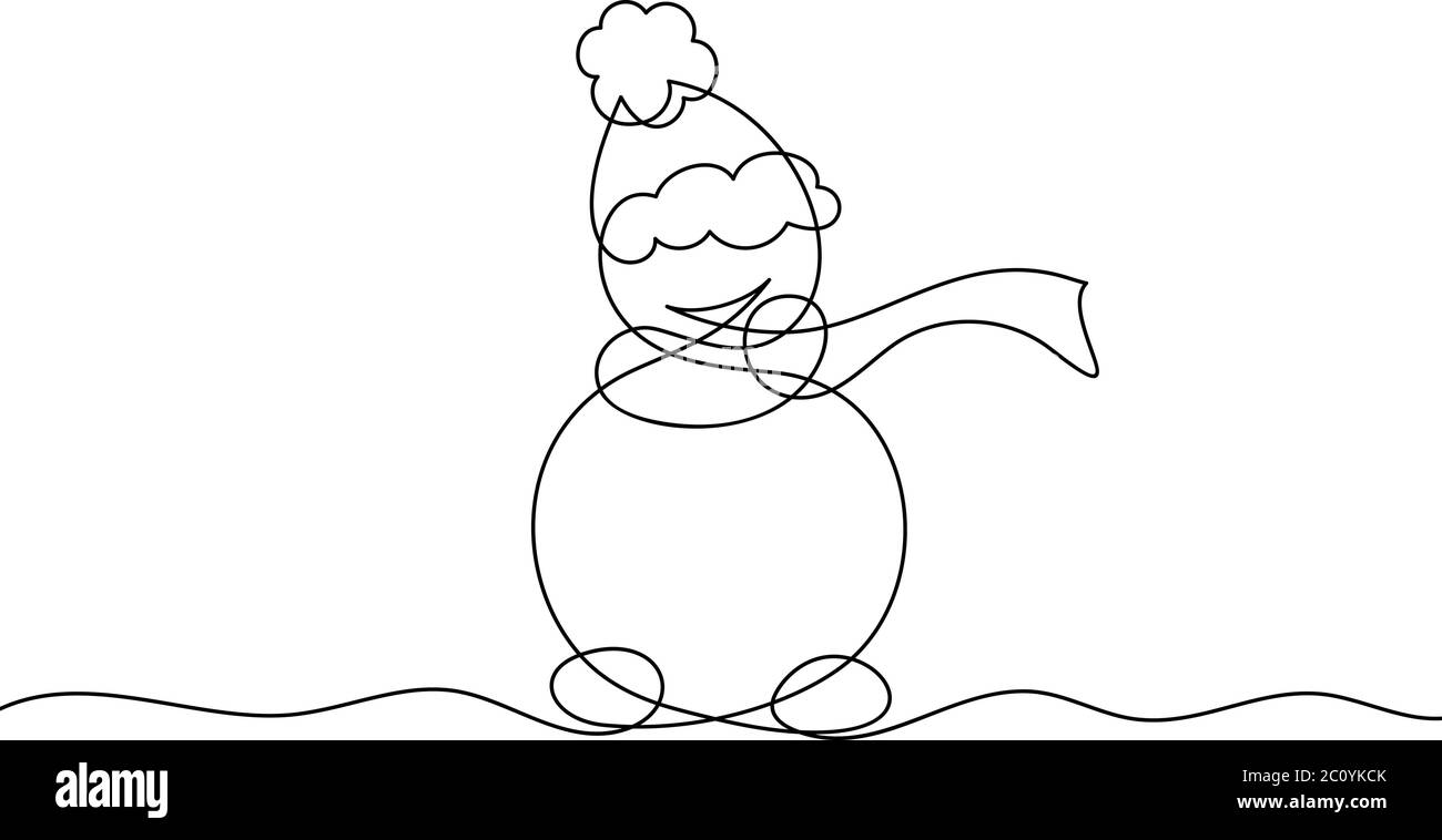 One line drawing of snowman, Black and white vector minimalistic linear ...
