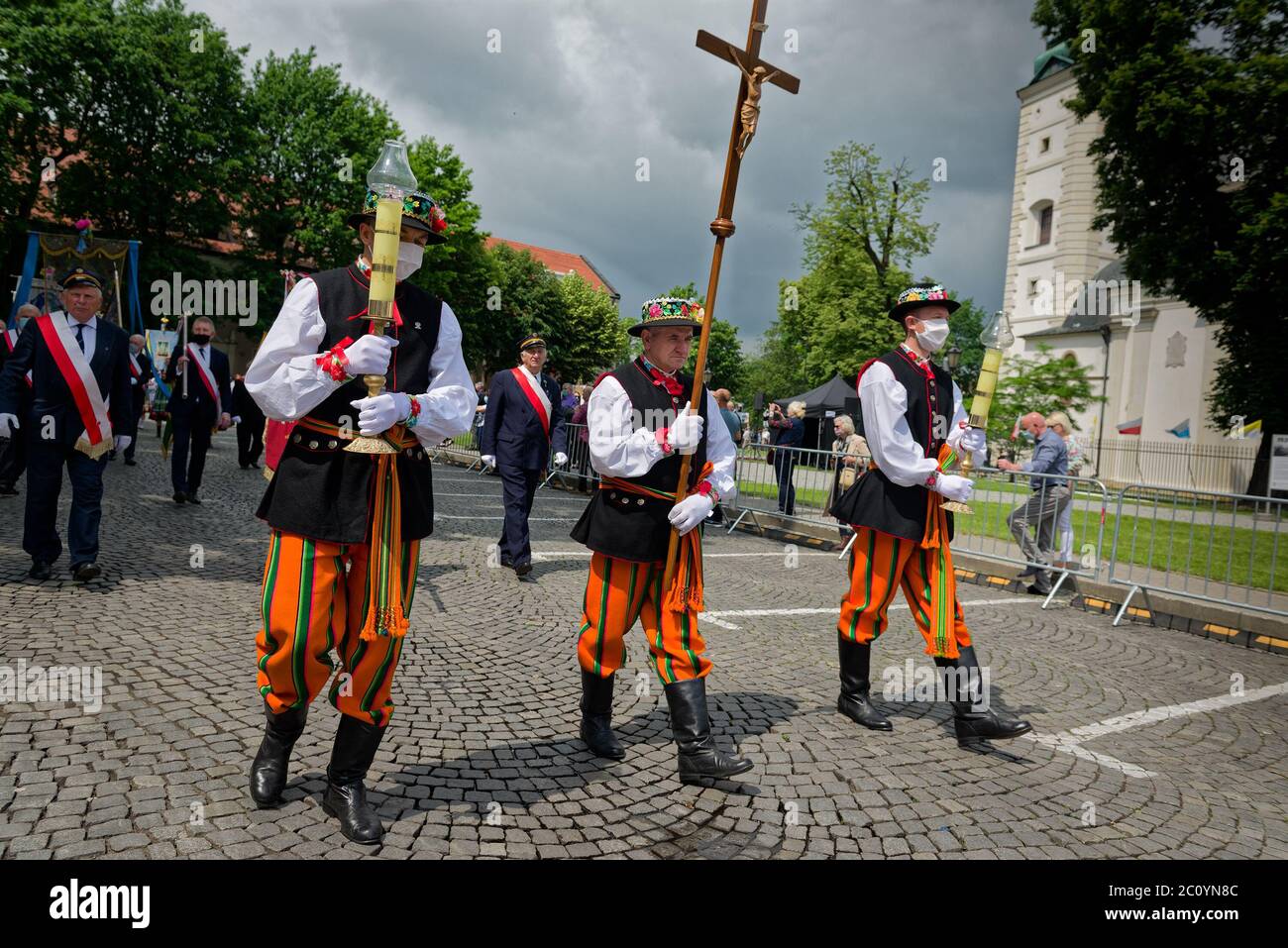 Lowicz, Poland - June 11 2020: An unidentified polish people wearing ...
