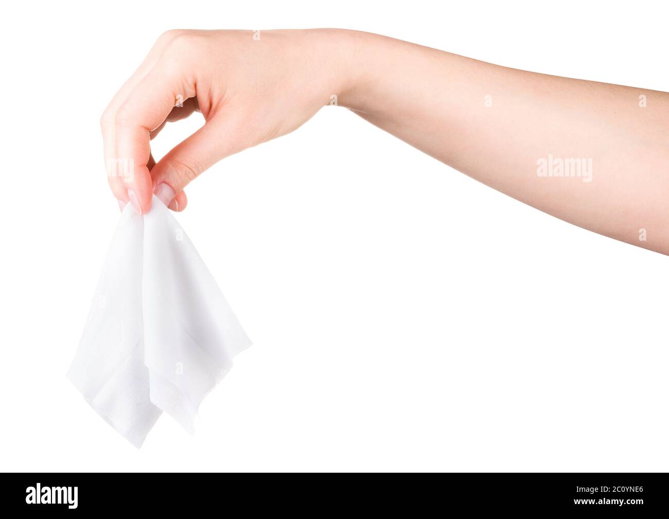 Woman hand use antibacterial wet wipes or tissue isolated on a white ...