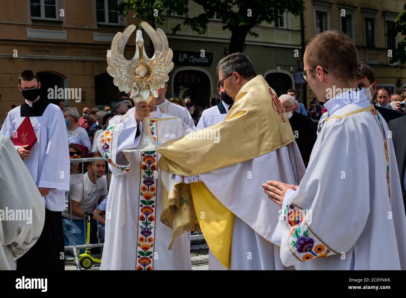 Lowicz, Poland - June 11 2020: An unidentified polish people wearing ...