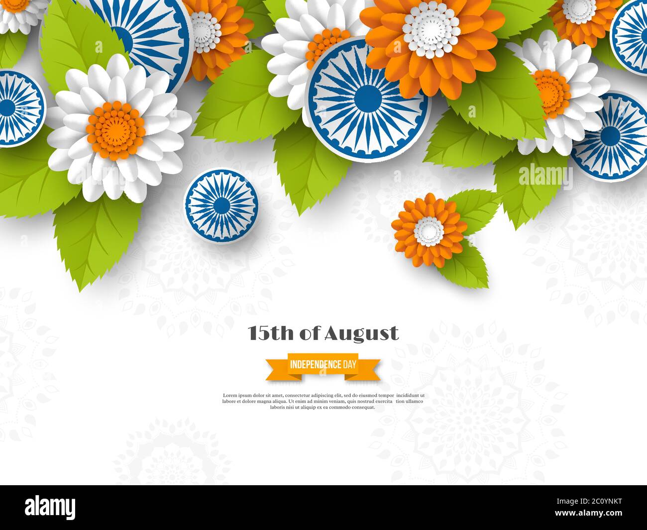 Indian Independence day holiday design. 3d wheels, flowers with leaves ...