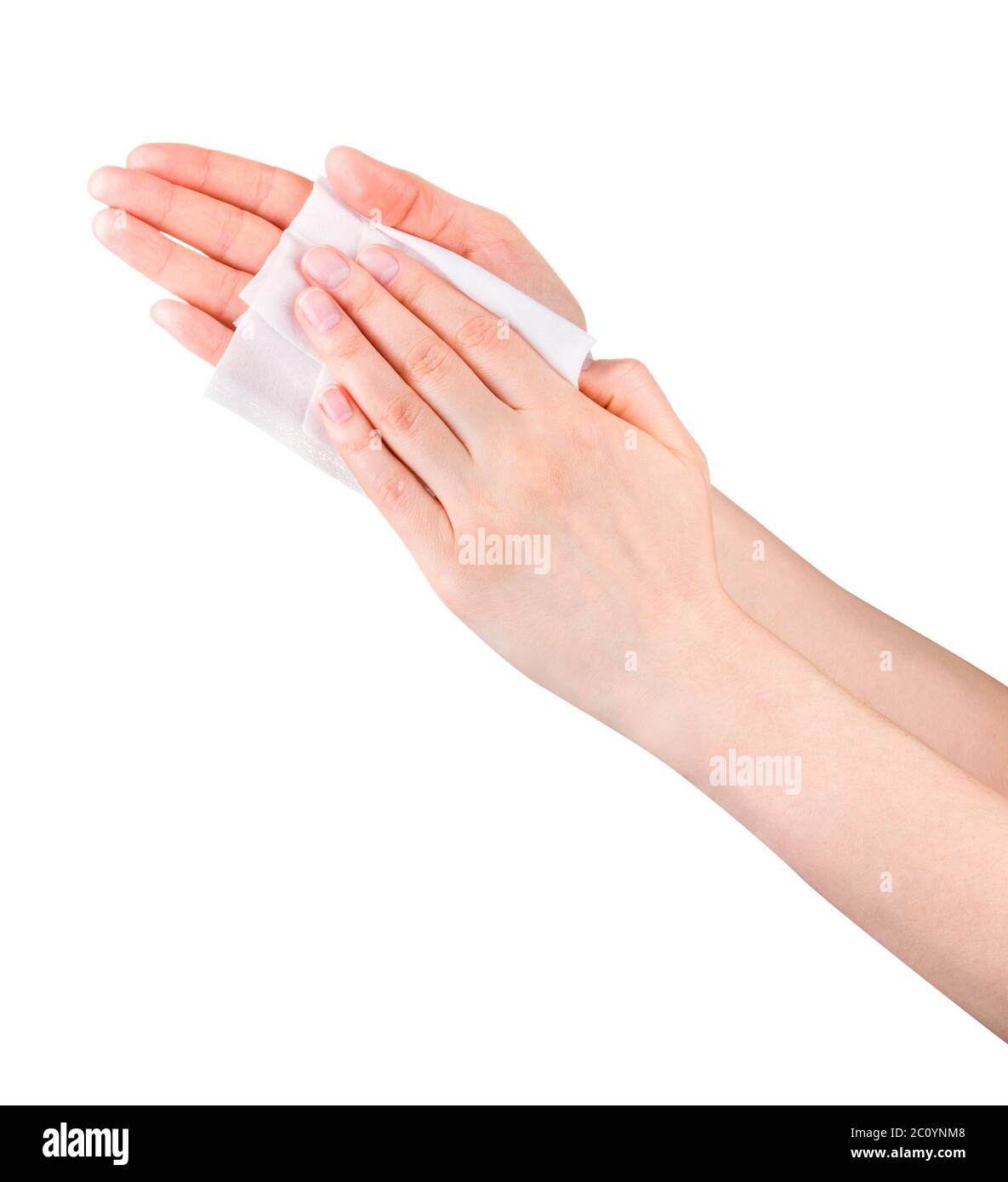 Woman hand use antibacterial wet wipes or tissue isolated on a white ...